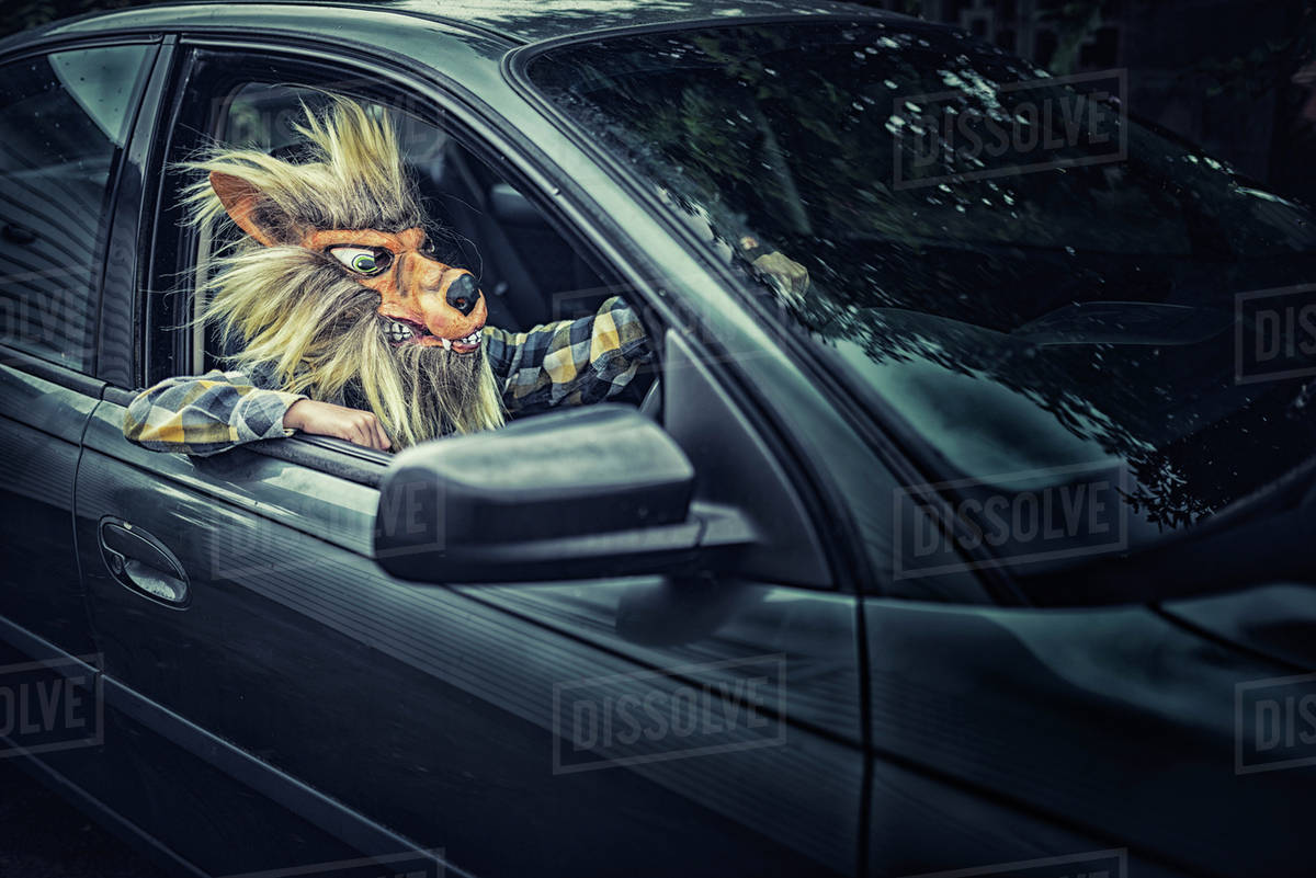 Mixed race boy wearing wolf mask and driving car - Royalty-free Stock ...