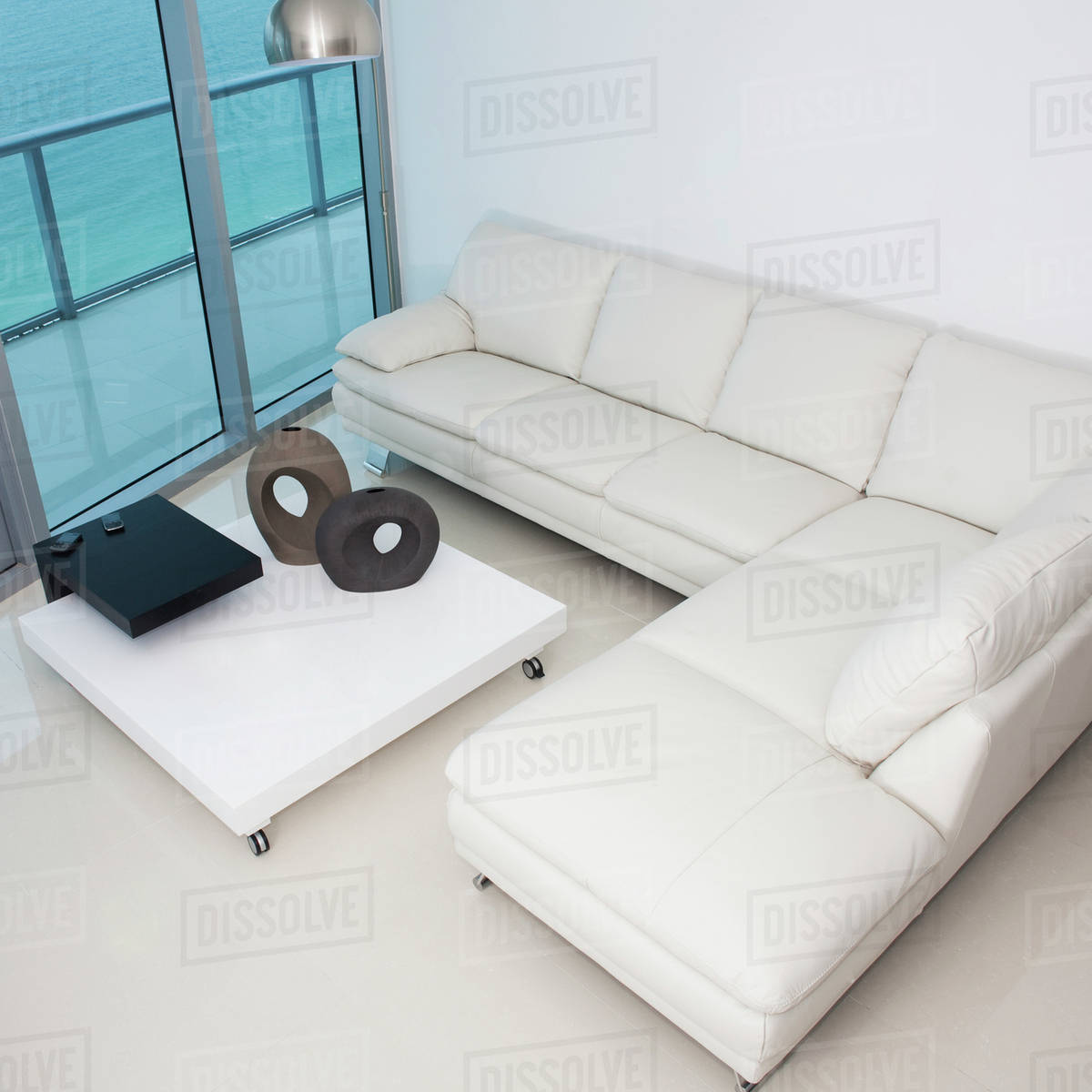 High angle view of sofa and coffee table in modern living room - Stock ...