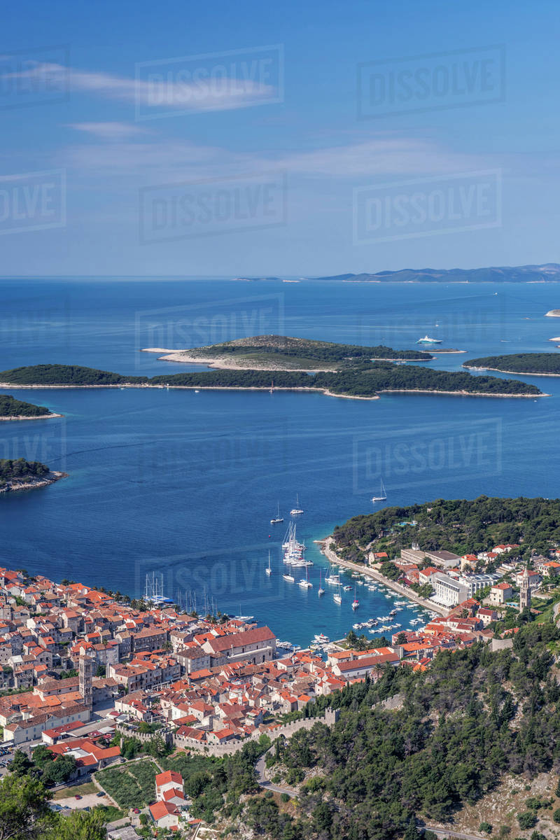 Aerial view of coastal town and islands, Hvar, Split, Croatia - Stock ...