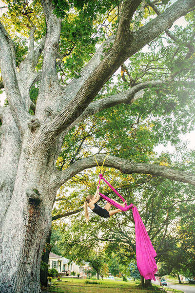 Acrobatic Caucasian girl hanging on fabric under tree - Royalty-free ...