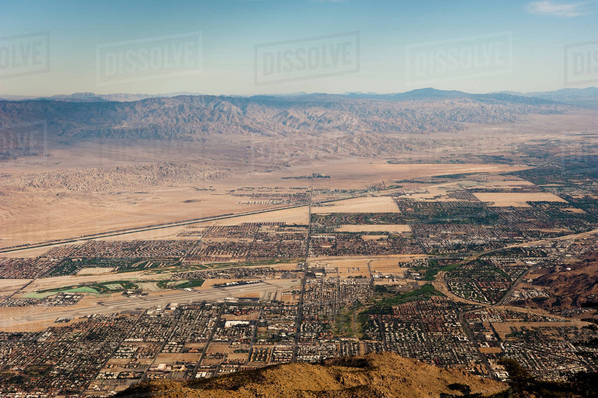 Aerial view of town and mountains, California, United States - Royalty ...