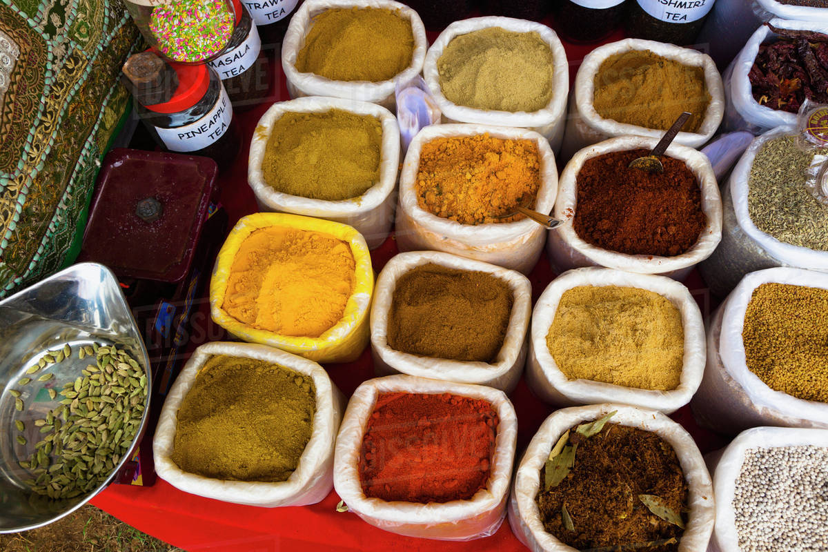 Variety of spices on display in market, Panjim, Goa, India - Stock ...