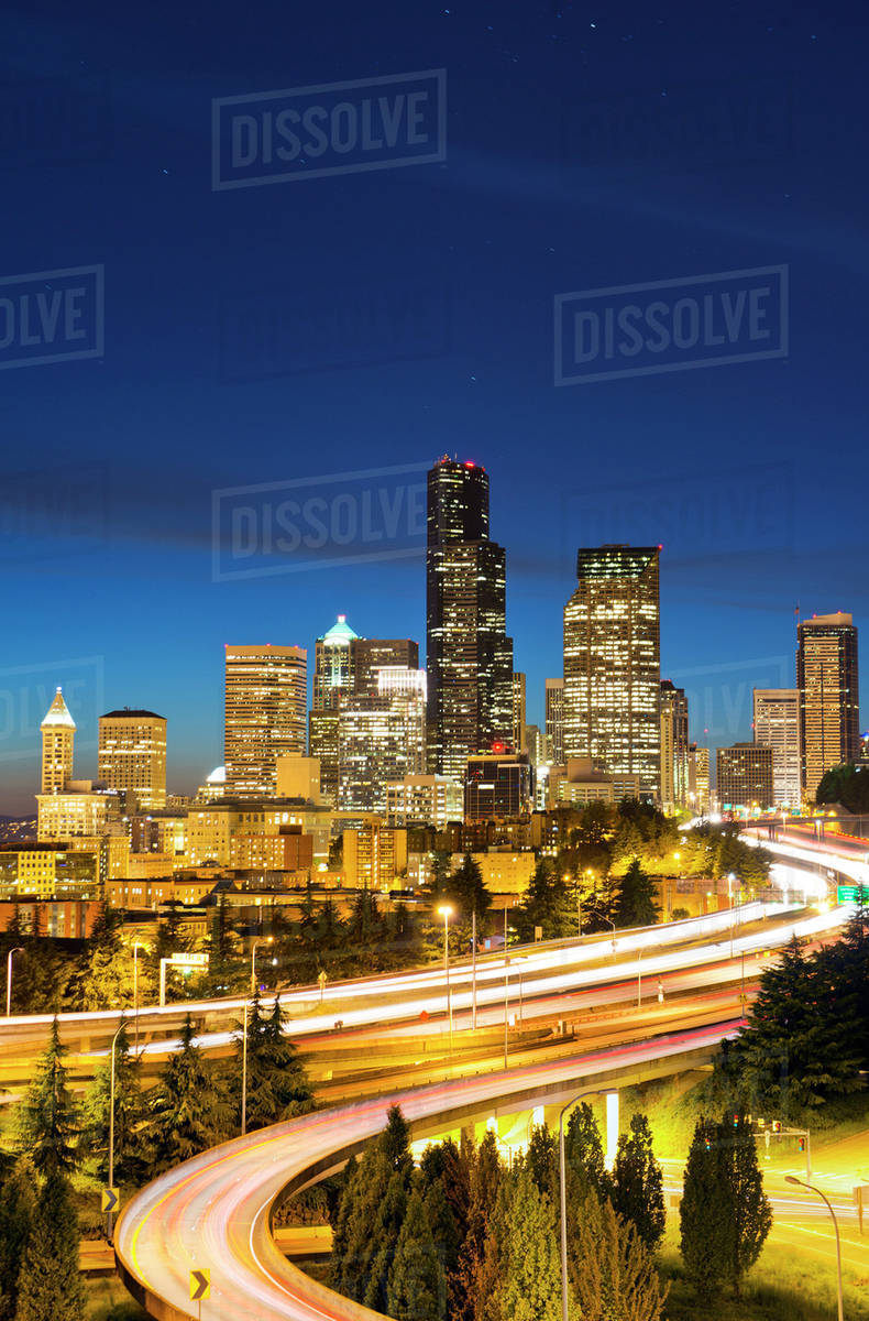 Freeways and Seattle skyline at night, Seattle, Washington, United ...