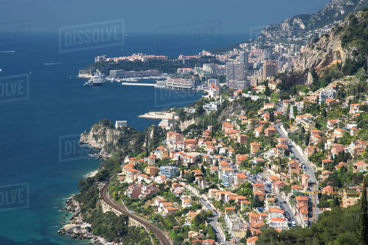 Aerial view of Monaco cityscape over ocean, Monte Carlo, Principality ...