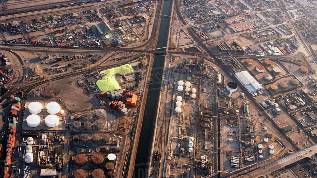 Aerial view of industrial Los Angeles cityscape, California, United ...