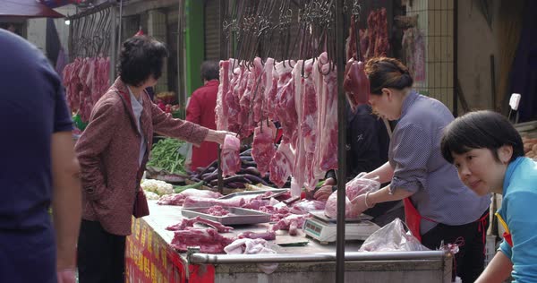 Chengdu.Sichuan/China-September 27th 2019: Pork stall in street market ...