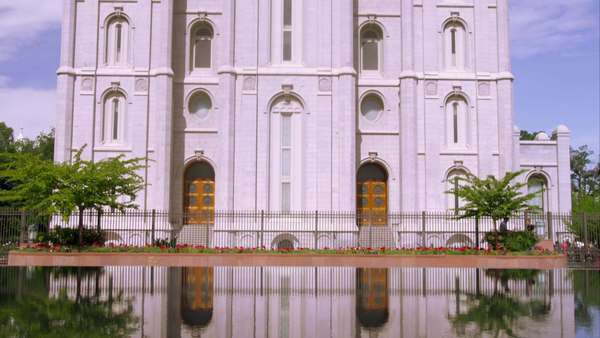 Tilting up shot of the front of the LDS Salt Lake Temple from a ...