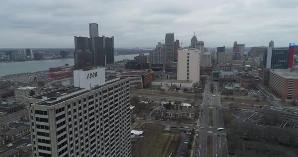 This video is about an aerial of downtown Detroit of a very cloudy day ...