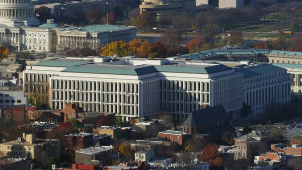 Flying past the Hart Senate Office Building, Washington DC. Shot in ...