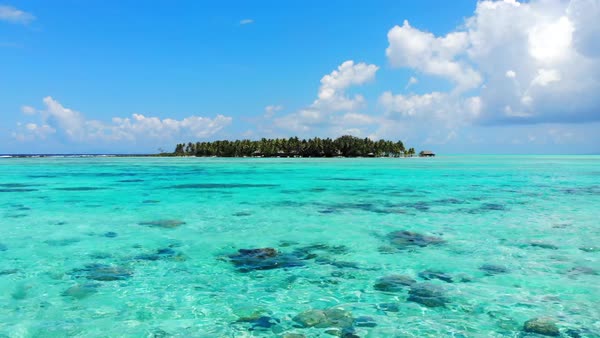 Vibrant cyan ocean leading up to palm tree island in Vahine, French ...