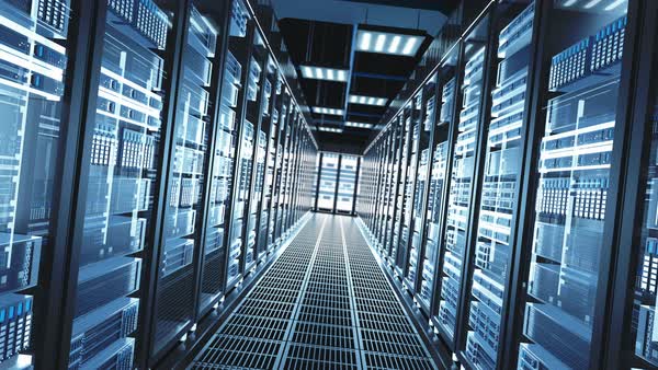 Computer generated network and data servers behind glass panels in a ...