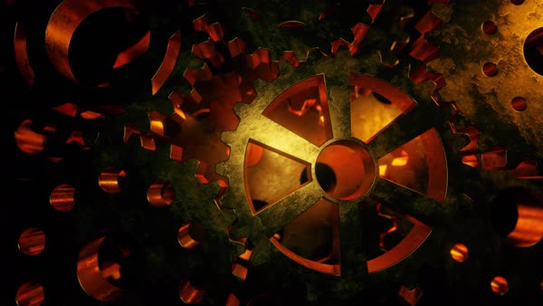 Background from rotating gold metal mechanisms. Business workflow ...