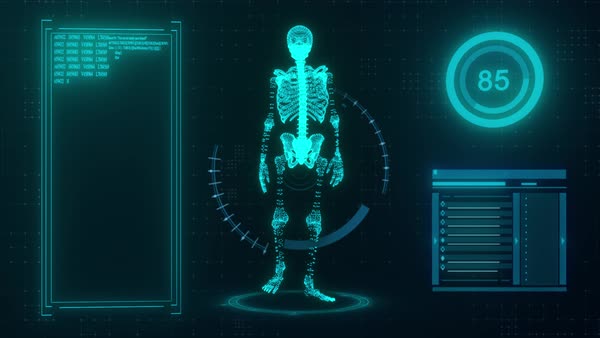 Technological concept. Walking 3d model of a skeleton on the background ...