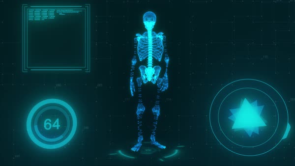 Technological concept. Walking 3d model of a skeleton on the background ...