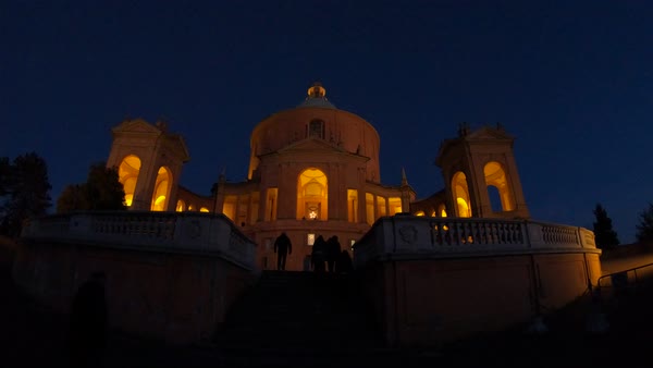 Famous landmark cityscape. Bottom view of bell tower of Madonna di San ...
