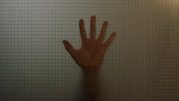 Hand on window dying trapped behind glass creepy death concept - 4K ...