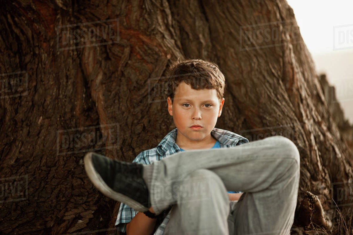 Portrait of boy sitting under the tree. - Royalty-free Stock Photo ...