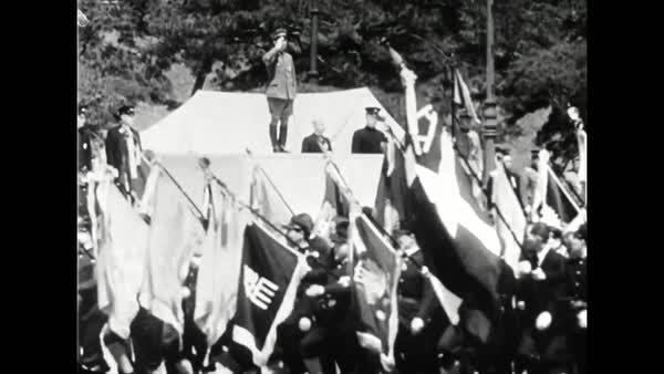 World War 2. The Japan emperor Hirohito stand beside a military parade ...