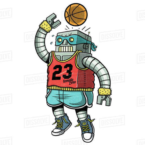Cartoon illustration of a robot playing basketball against white ...