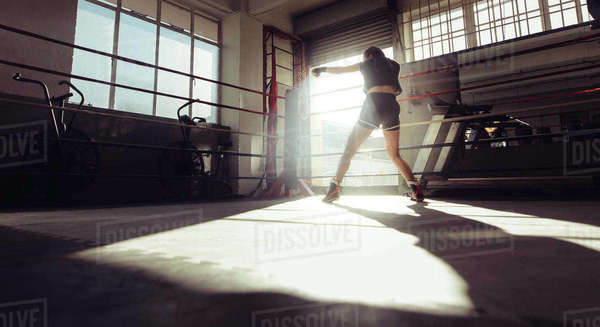 Rear view of female boxer doing shadow boxing inside a boxing ring ...