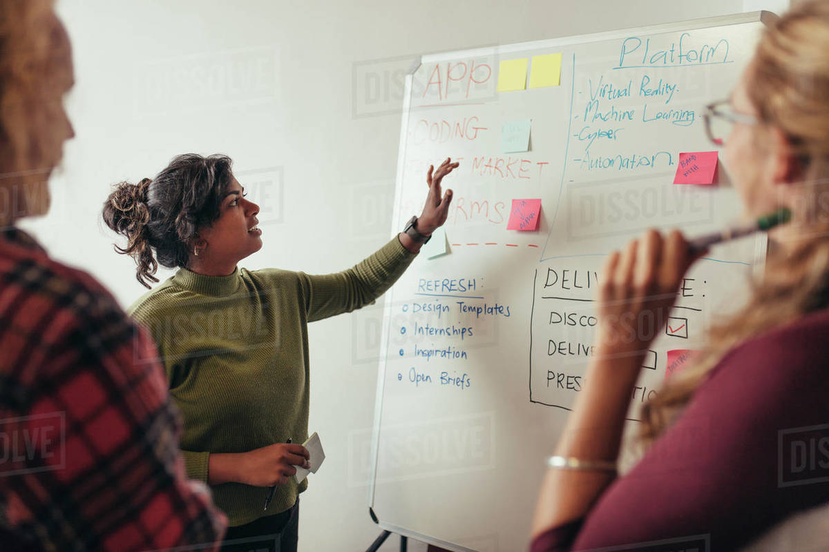 Young woman giving presentation over white board to team at tech ...