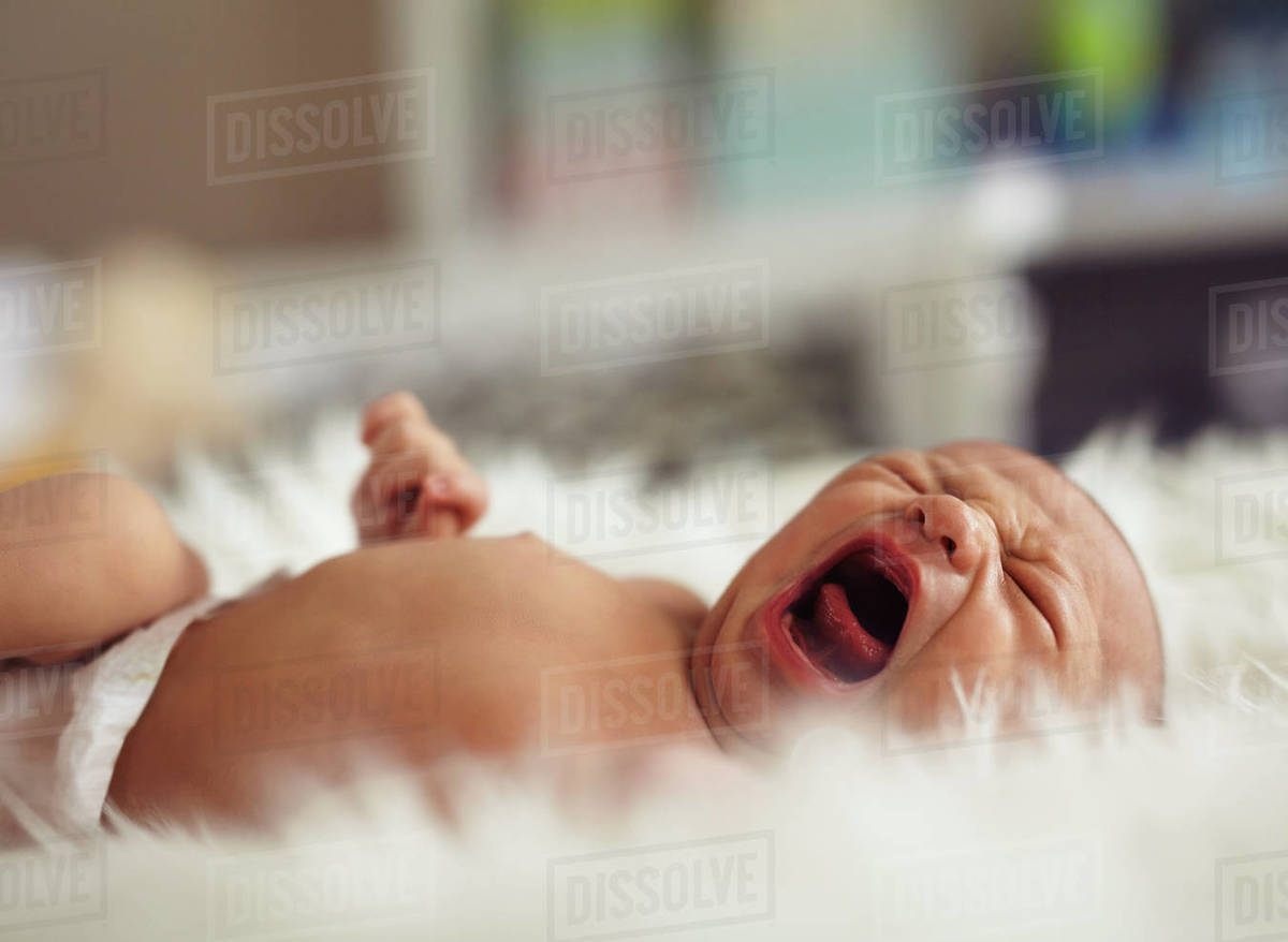 Uncomfortable newborn baby boy crying while lying on bed - Stock Photo ...