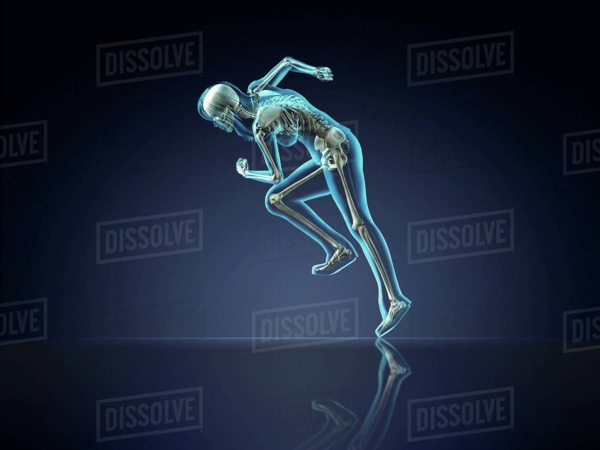 Blue X-ray of woman's skeleton running on dark reflective blue ...