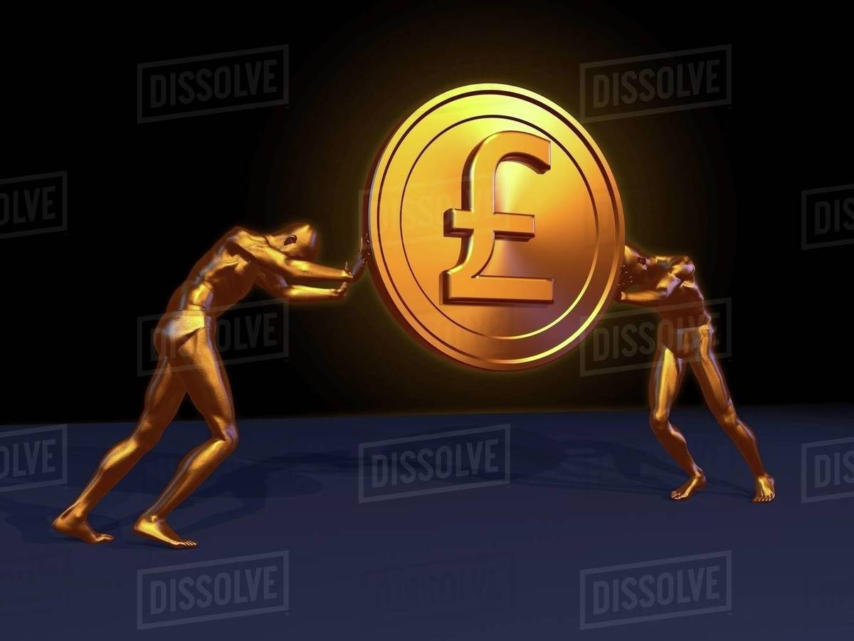 Large golden Pound coin lifted by two golden men - Royalty-free Stock ...