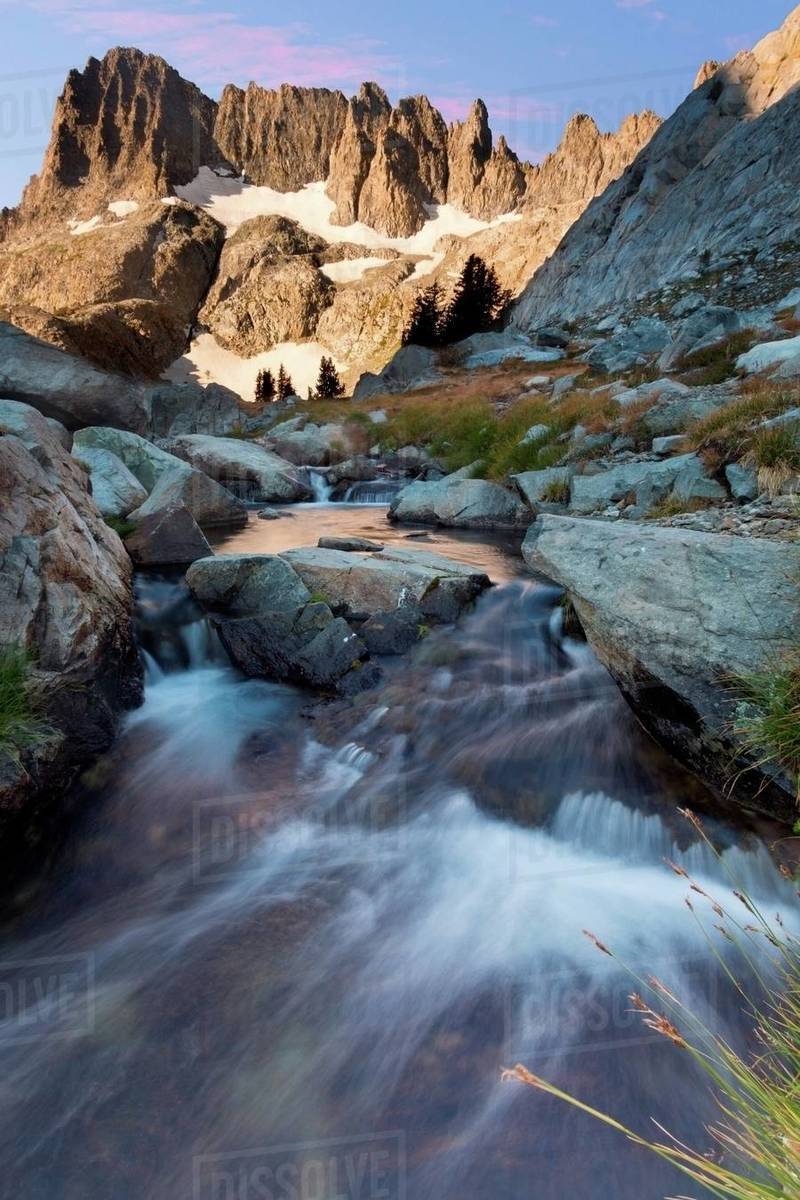 Stream flowing through rocks, Iceberg Lake, Ansel Adams Wilderness ...