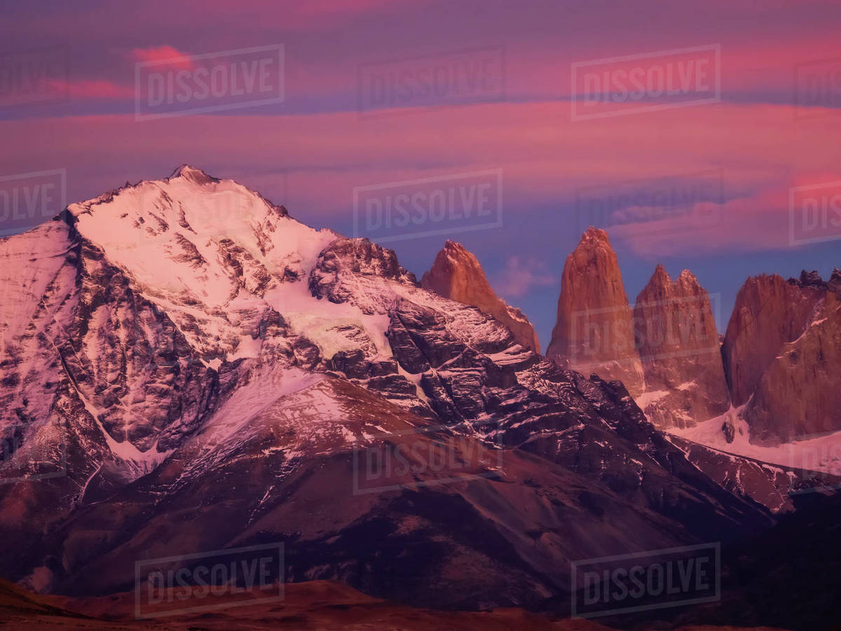 Alpine glow at dawn, Torres del Paine National Park, Patagonia, Chile ...