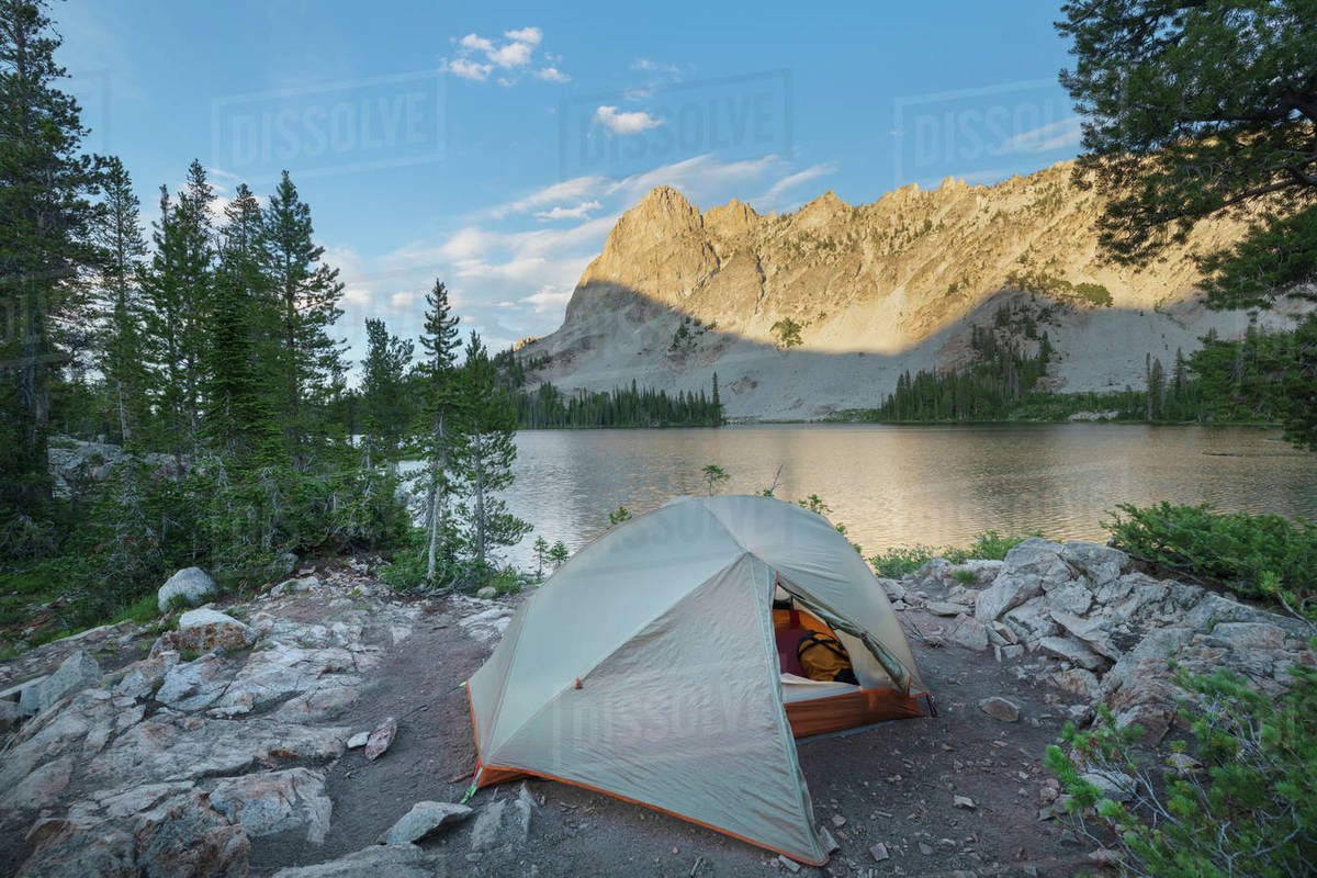 Backcountry camp at Alice Lake Sawtooth Mountains Idaho - Stock Photo ...