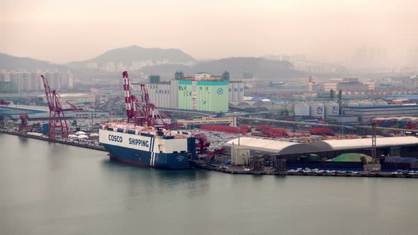 INCHEON/KOREA - MAY 29 2019: Aerial Container Cargo Ship in Port Korea ...