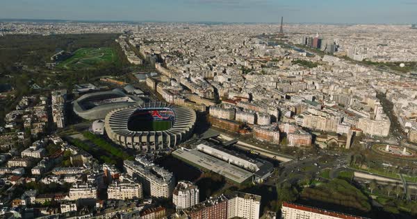 Bird's eye view of a modern sports stadium in Paris, France. A drone ...