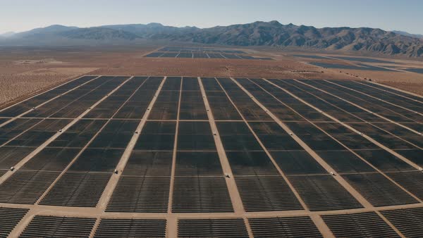 Aerial shot of solar farms on desert landscape, Mojave, California ...