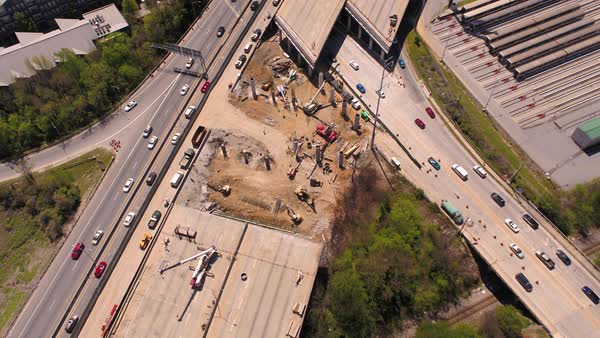 Atlanta - Birdseye view flying low over freeway bridge collapse - April ...