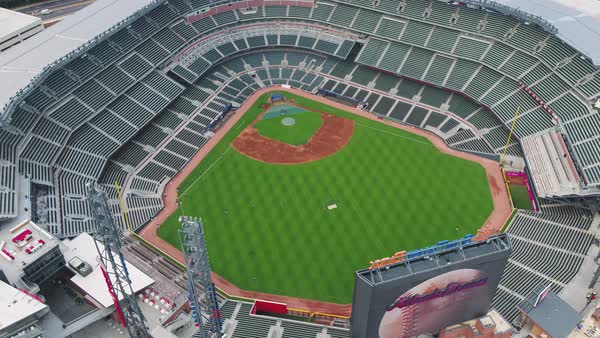 Atlanta - Birdseye closeup flying around baseball stadium before game ...