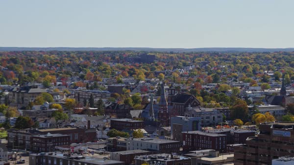 Manchester New Hampshire Aerial - Ascending panoramic view of downtown ...