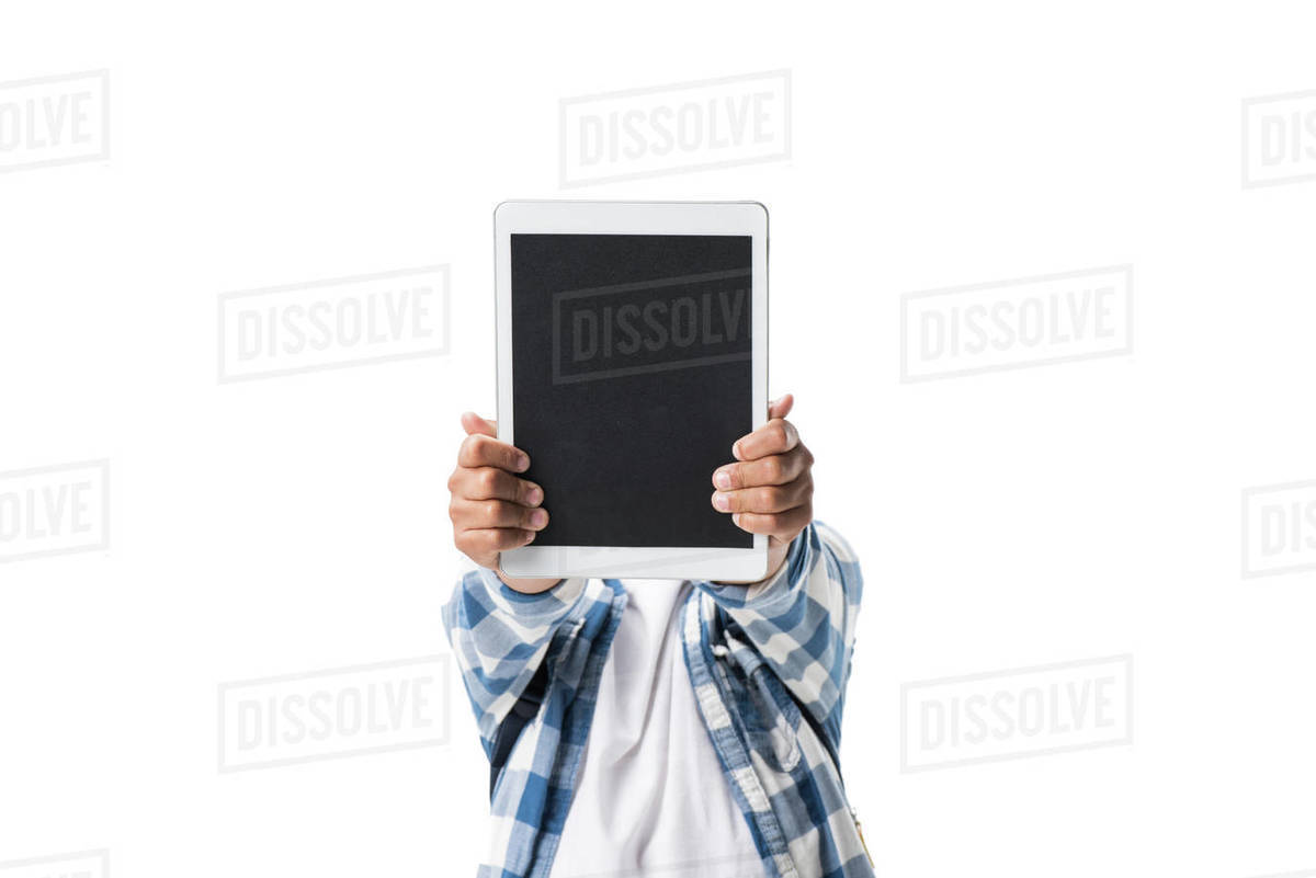 Cute african american boy holding digital tablet with blank screen ...