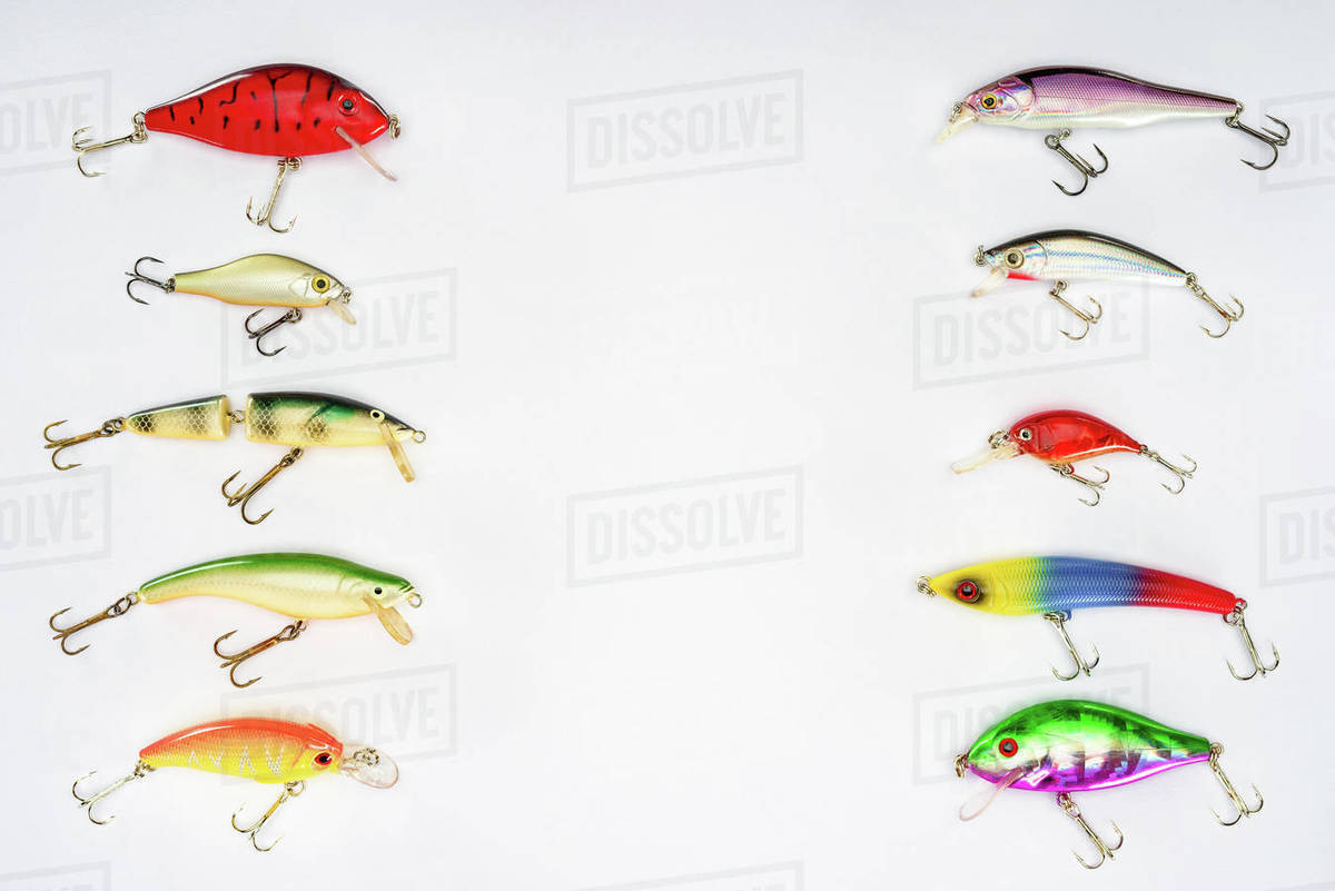 Elevated view of various fishing bait placed in two rows isolated on ...