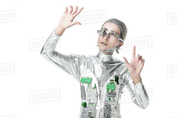 Silver robot looking at something isolated on white, future technology ...