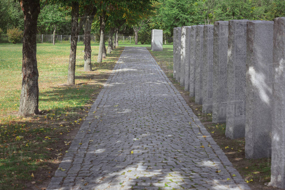 path from paving stone and memorial headstones placed in row at ...