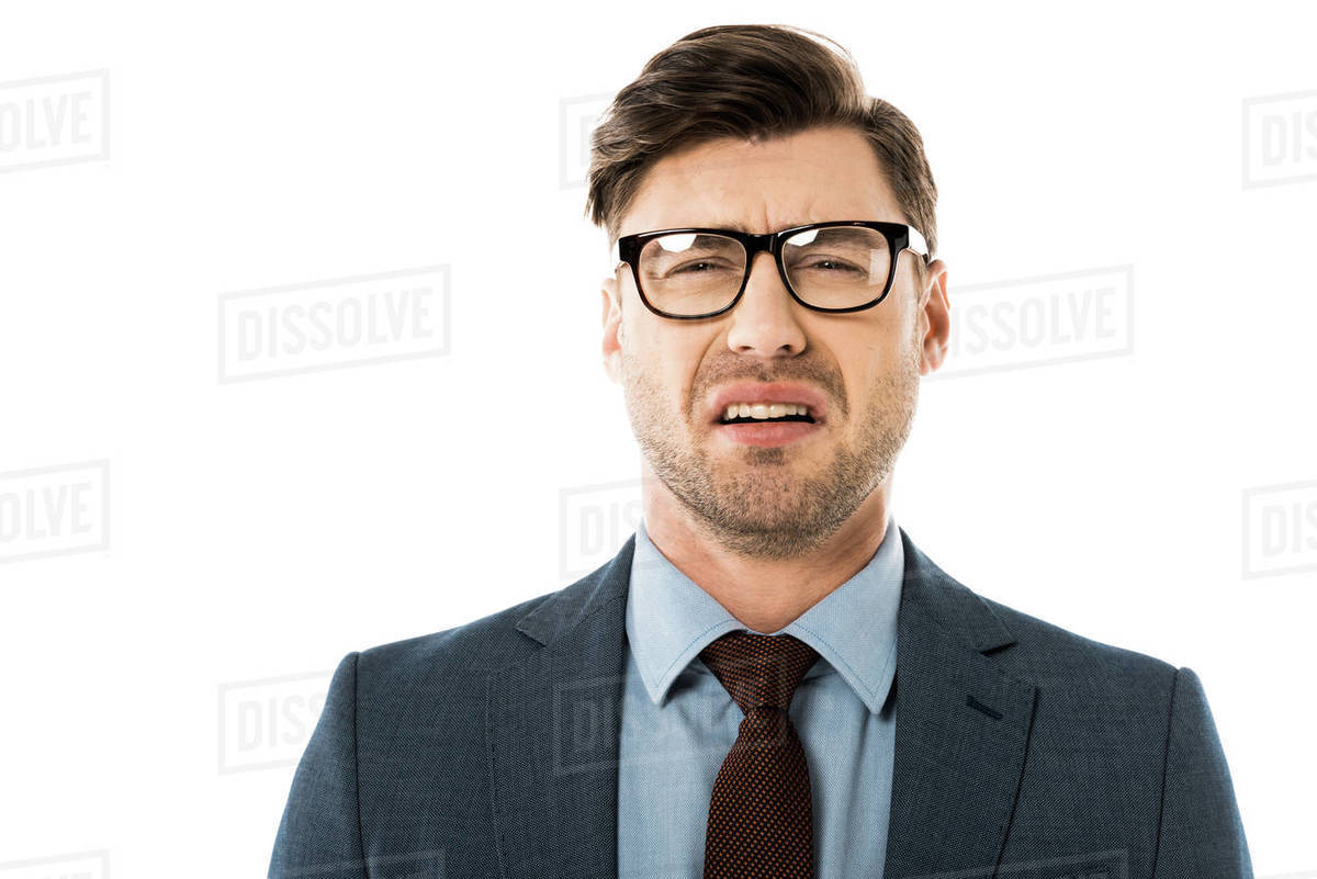 Stressed Businessman With Sad Face Expression Isolated On White Stock stressed-businessman-with-sad-face-expression-isolated-on-white-stock