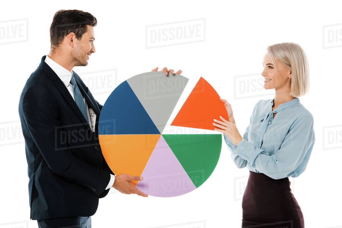 happy business coworkers holding colorful chart isolated on white ...