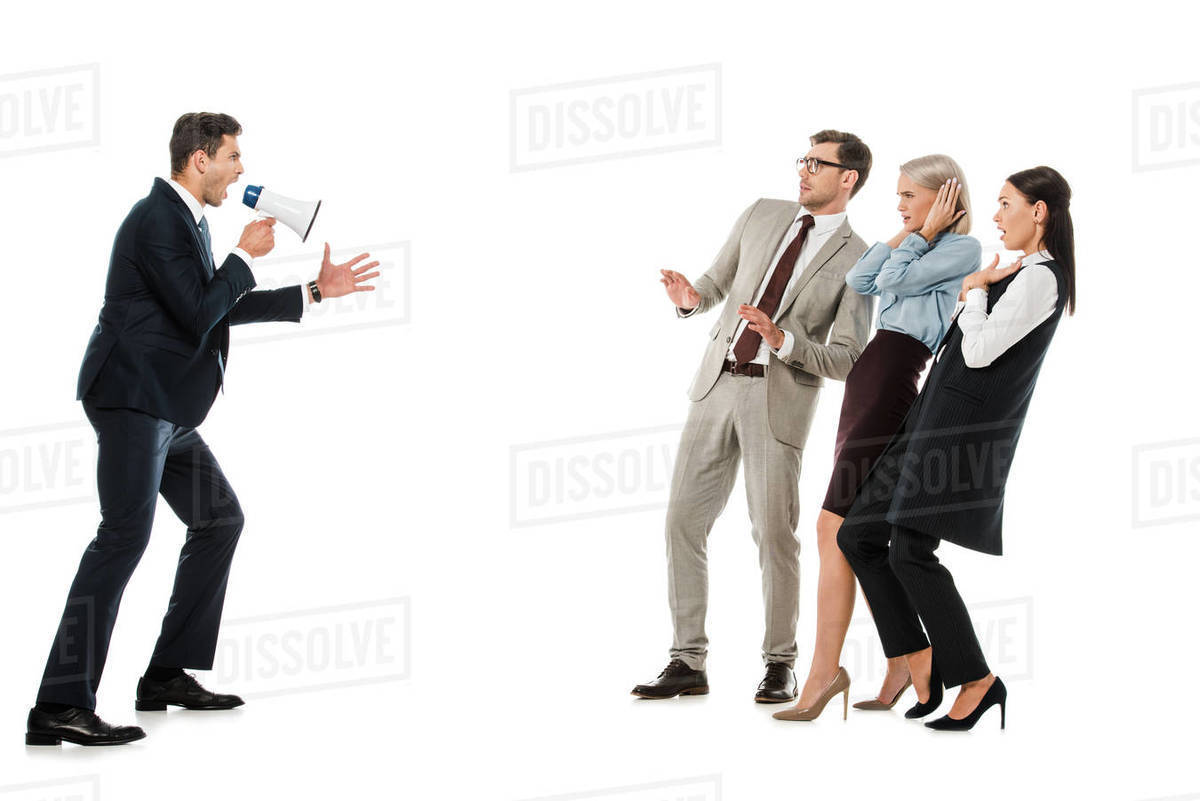 angry boss yelling at workers with bullhorn isolated on white - Royalty ...