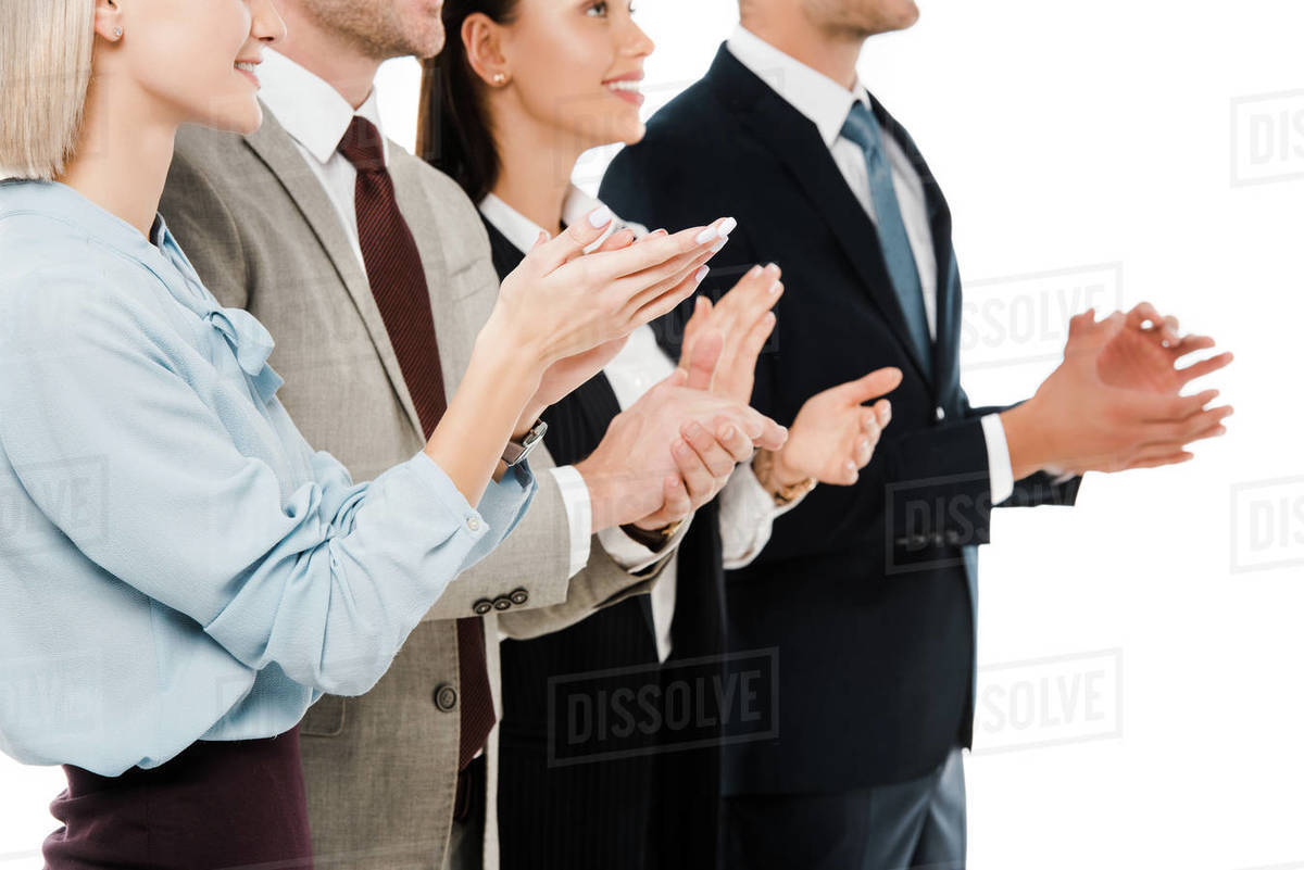 cropped view of successful applauding business team isolated on white ...