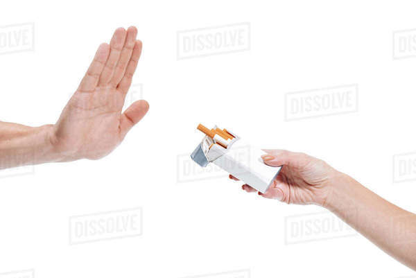 cropped image man rejecting pack of cigarettes from woman isolated on ...