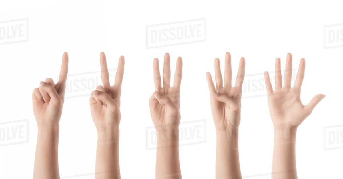 Collage of woman showing numbers with hands isolated on white - Stock ...