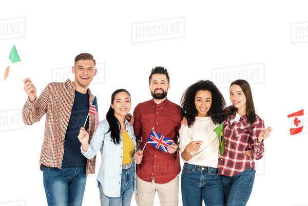 Cheerful multicultural group of people smiling with flags of different ...