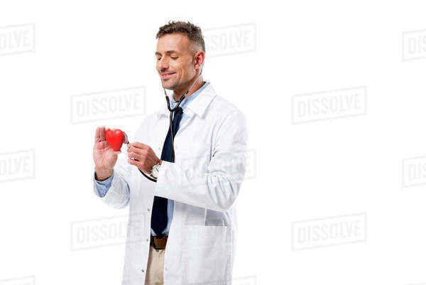 Doctor examining heart model with stethoscope isolated on white, heart ...