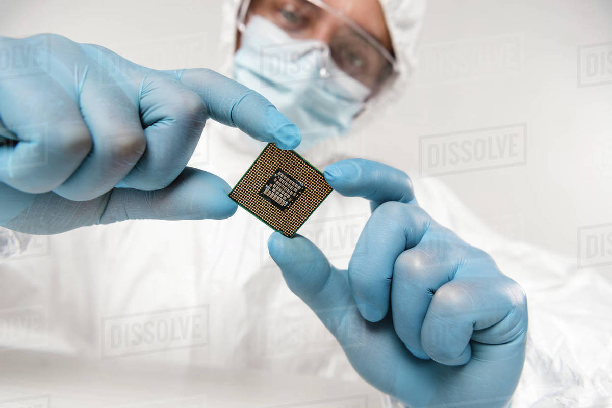 Selective focus of microchip in hands of scientist wearing latex gloves ...